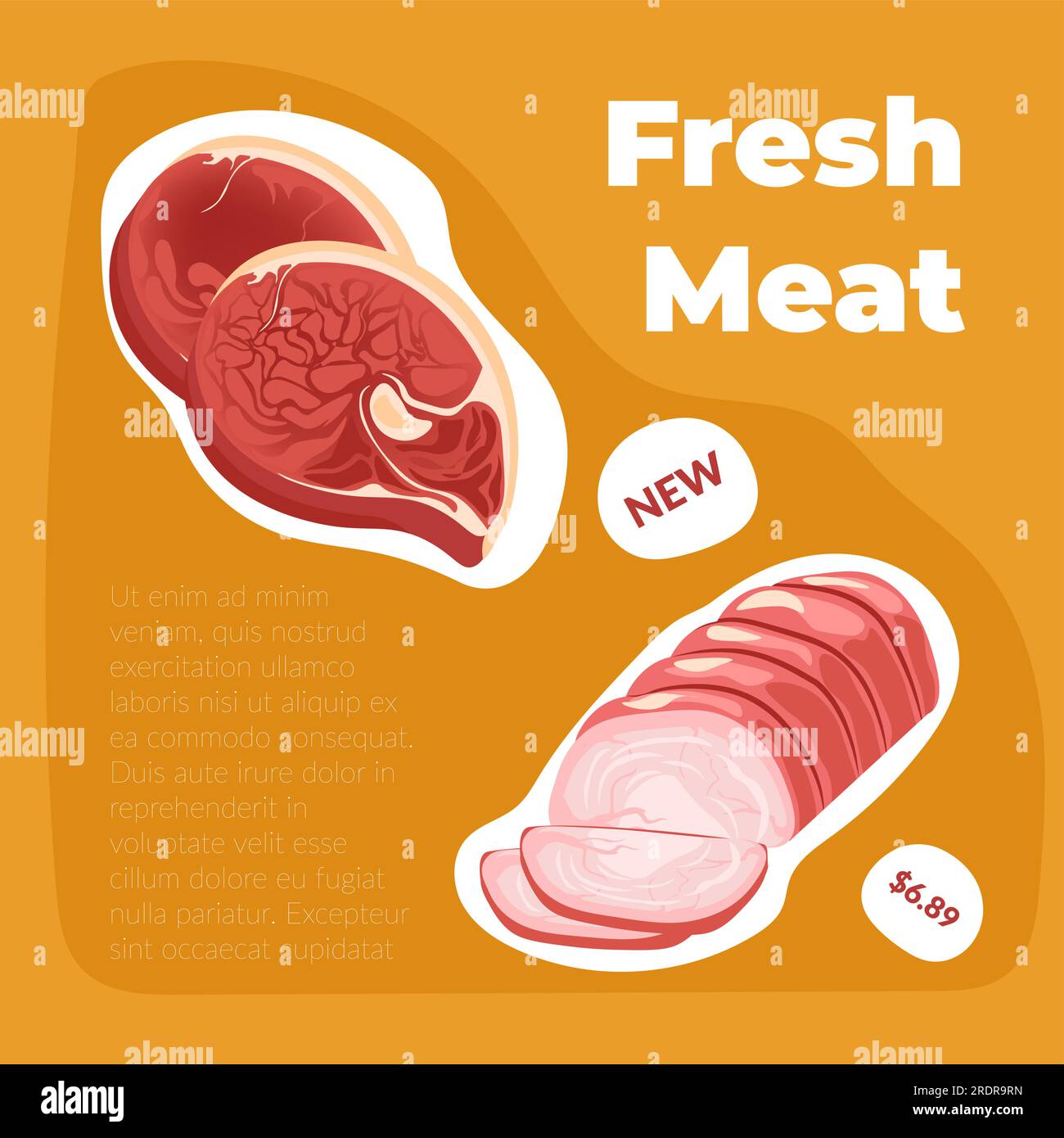 Pork meat, sausage and liver in shop or store. Catalog with products ...