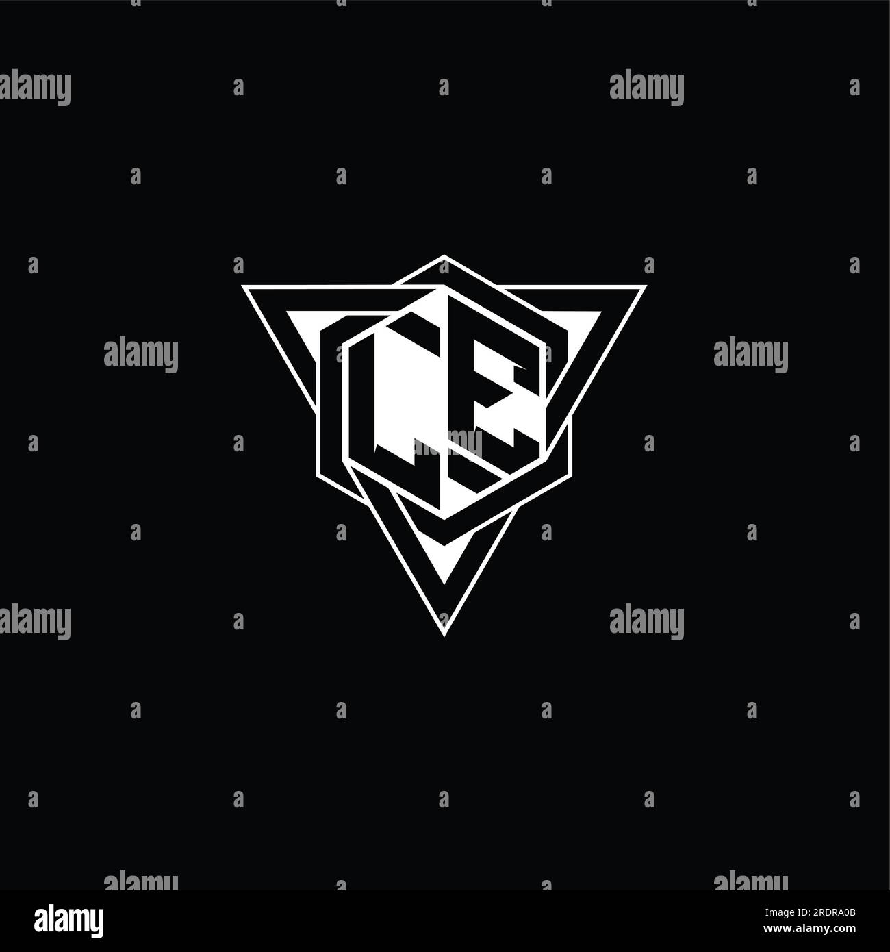 LE Letter Logo monogram hexagon shape with triangle geometric outline sharp modern style design ...