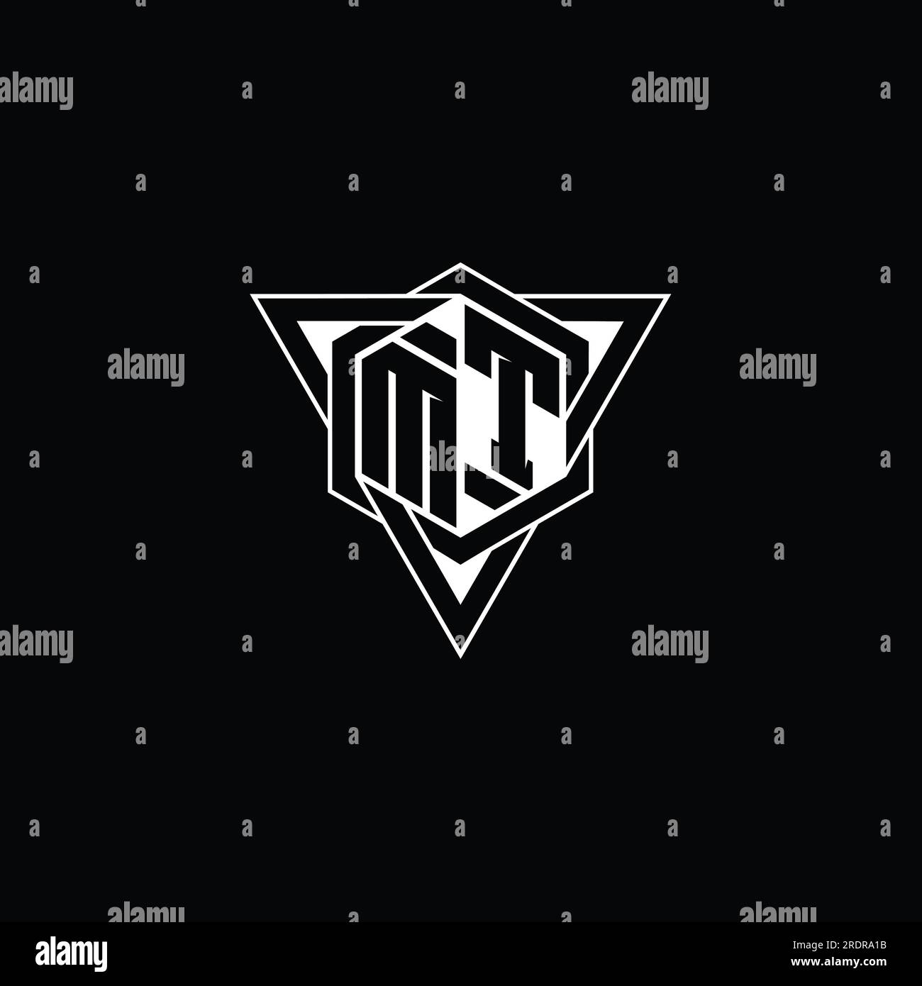 MT Letter Logo monogram hexagon shape with triangle geometric outline sharp modern style design ...