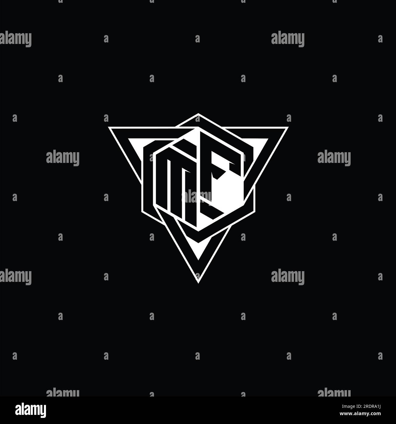 MF Letter Logo monogram hexagon shape with triangle geometric outline sharp modern style design ...