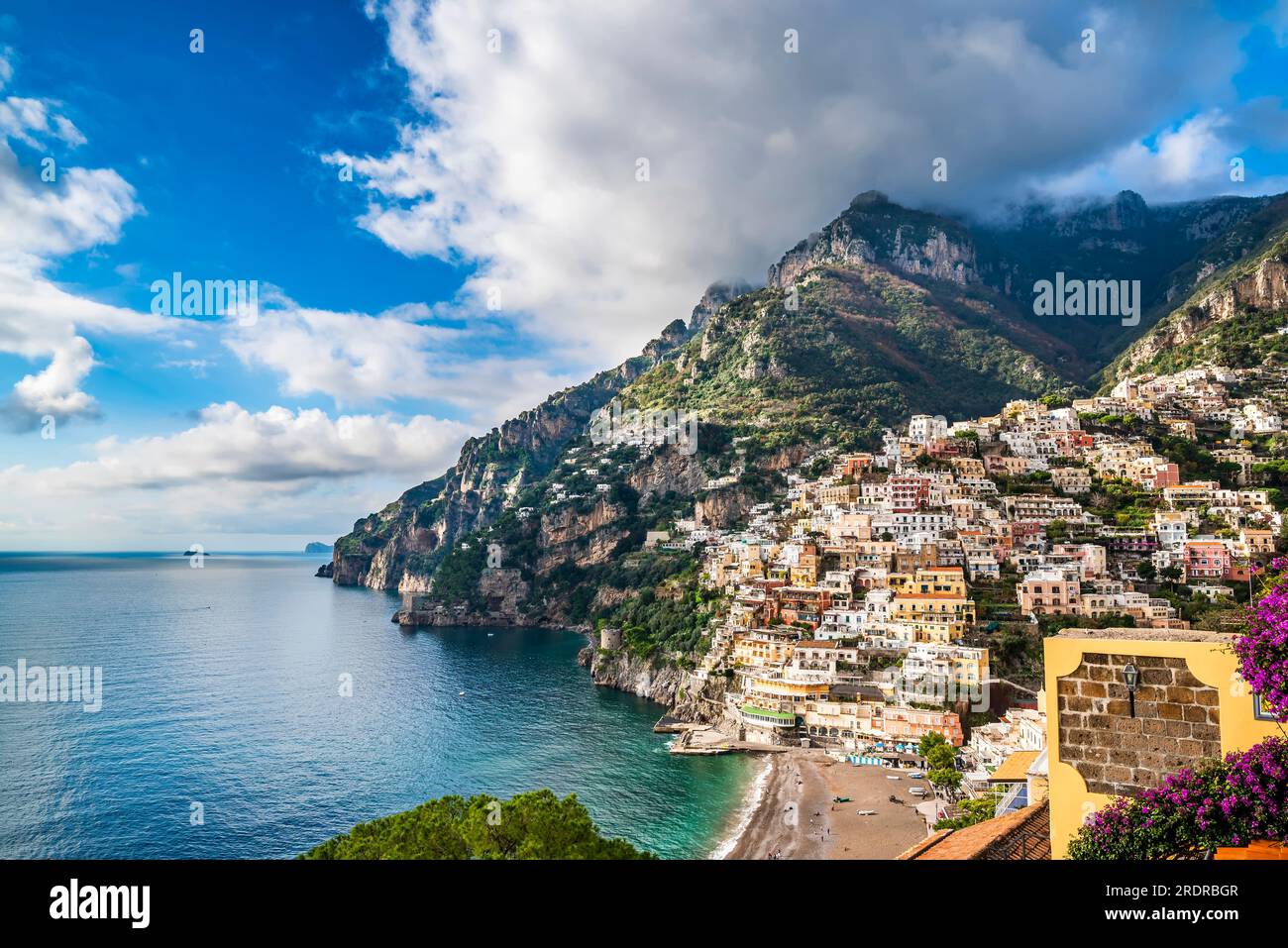 Aerial view of Positano beach and pastel houses on the hills Stock ...