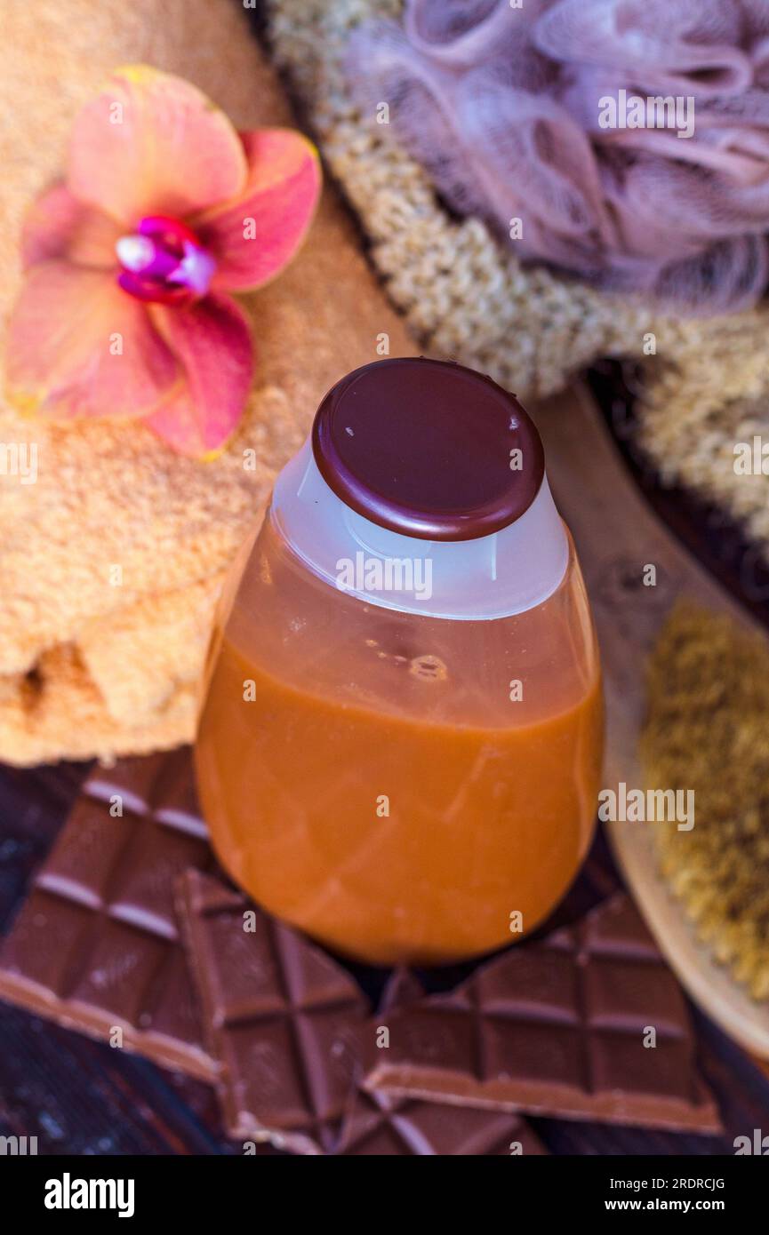 Shower gel with aroma of chocolate and reliability for bathing and ...