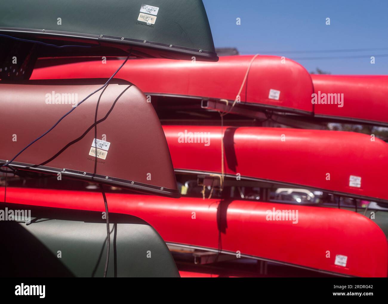 Canoes on a rack at a marina by the side of a lake Stock Photo - Alamy