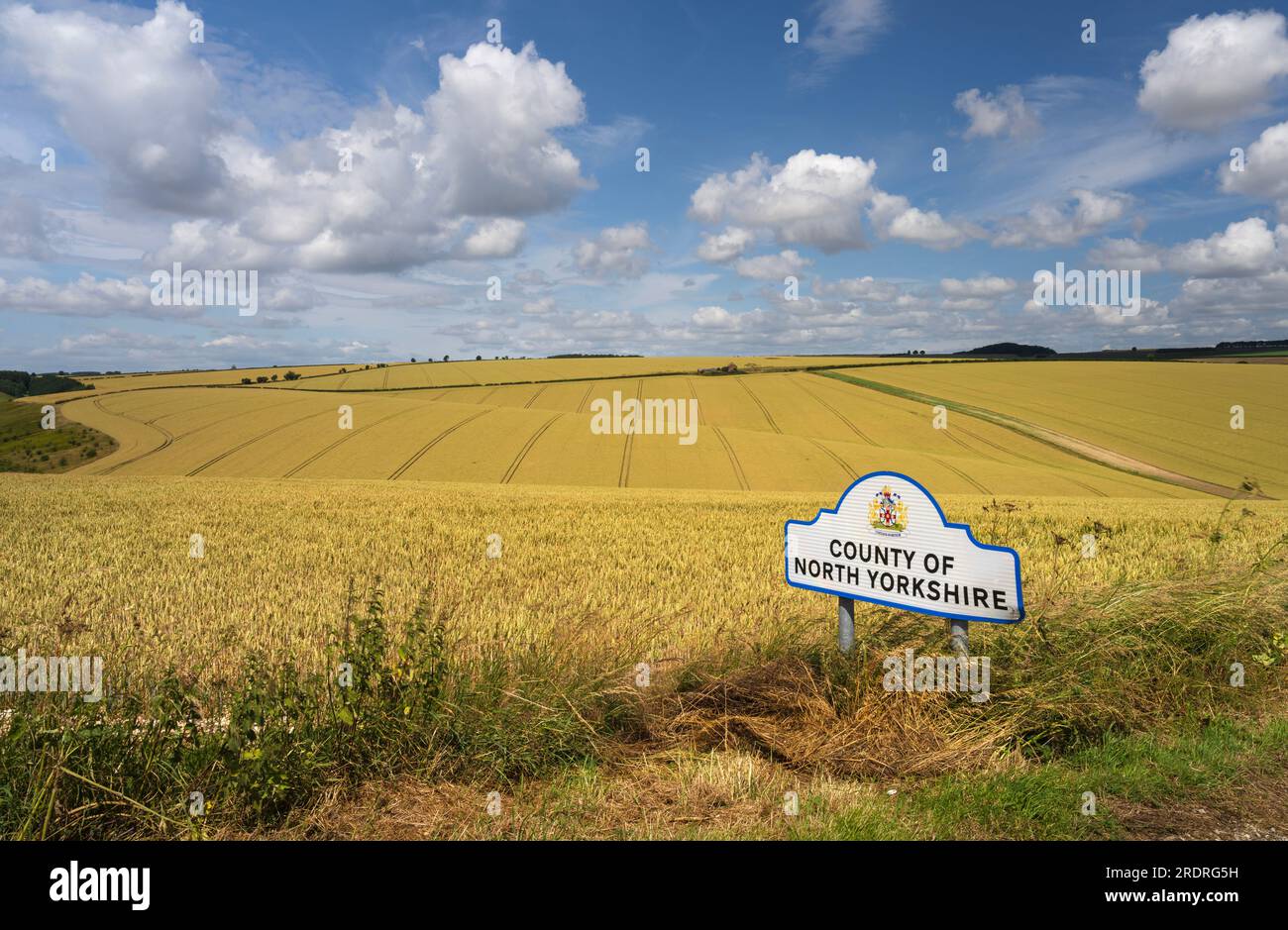 North Yorkshire boundary signpost and corn fields at Burdale near ...