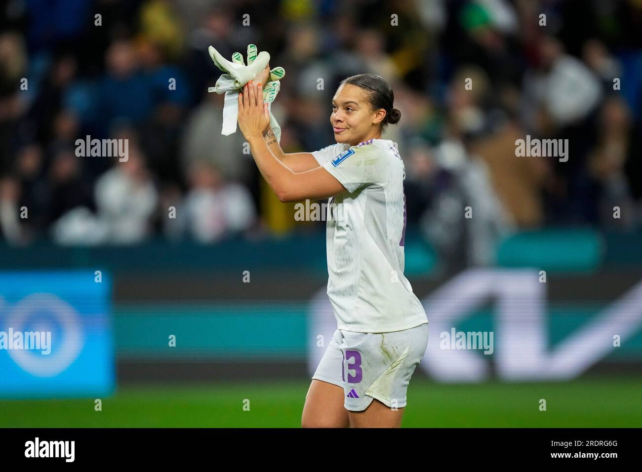 Jamaica's goalkeeper Rebecca Spencer applauds to supporters at the end ...