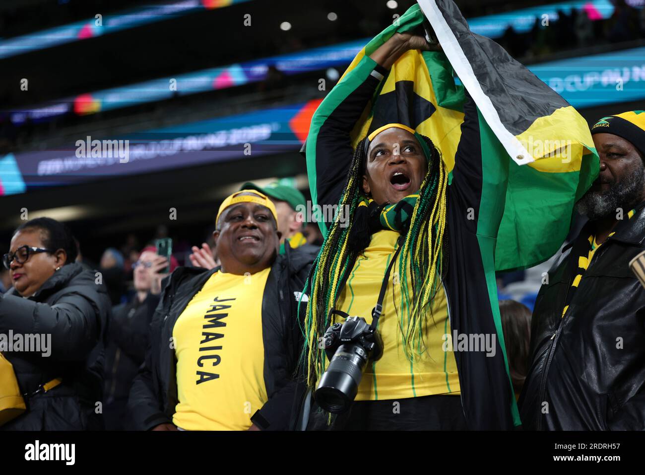 Jamaican fans celebrate after their team drew 0-0 during the Women's ...