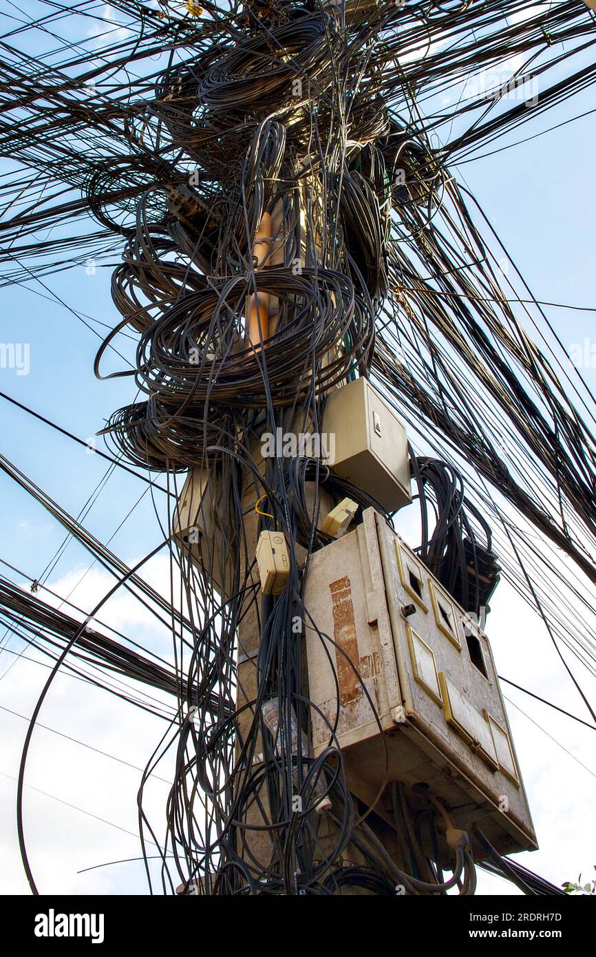 A chaotic scene of tangled electrical wires showcasing the complexities of the city's power ...
