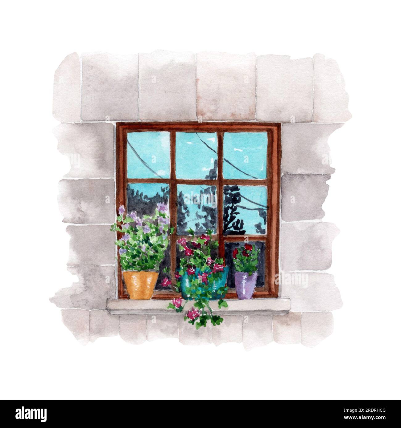 Watercolor illustration of a window with a view of the garden. Outdoor ...