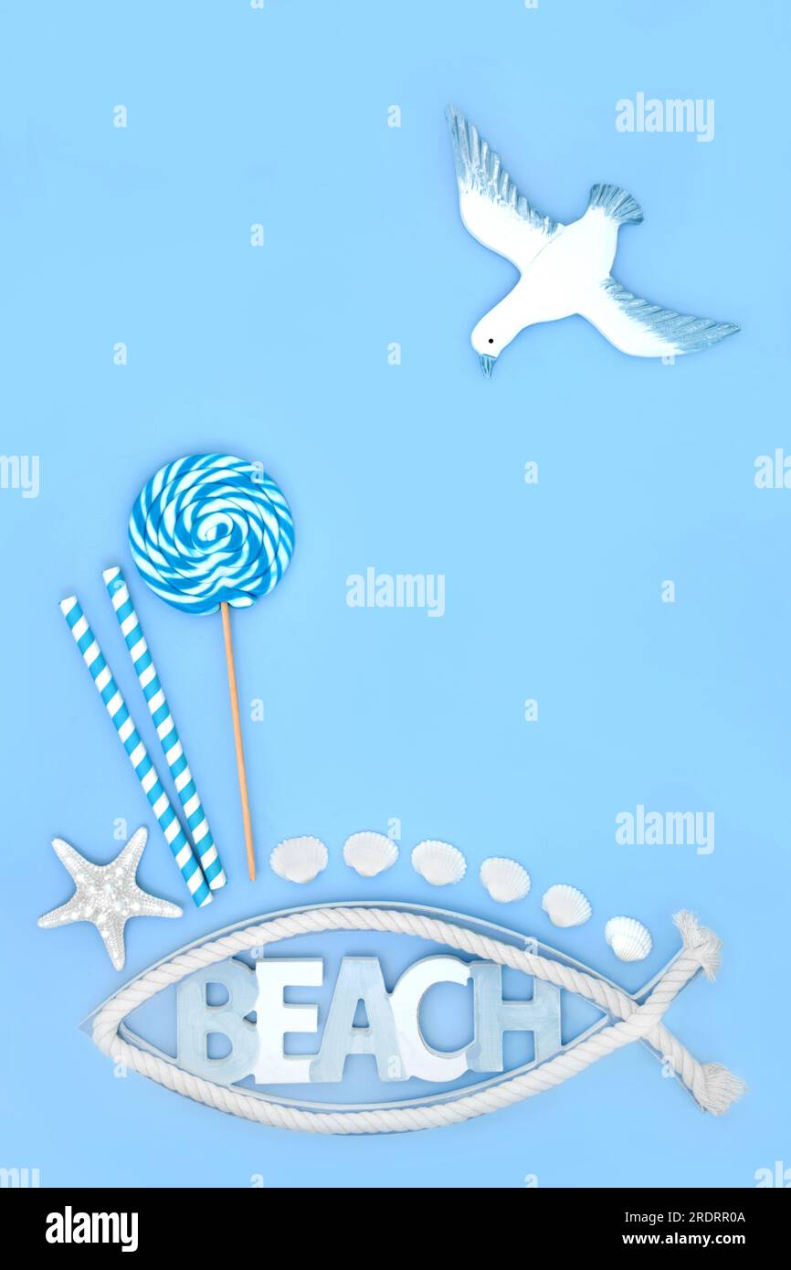 Summer holiday beach sign, symbols and retro decorations with lollipop ...