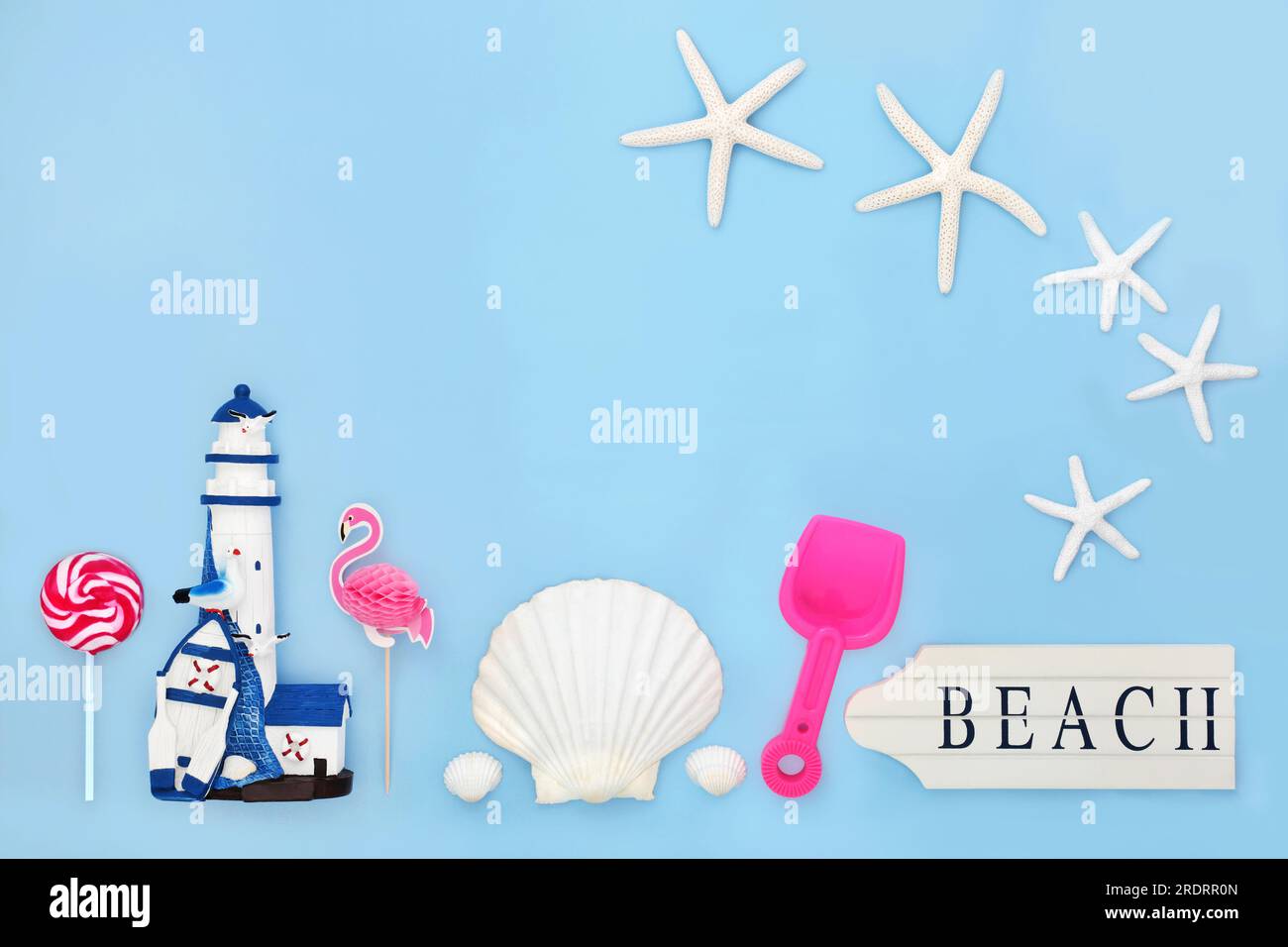 Summer vacation decorations with lighthouse, beach sign, seashells and ...