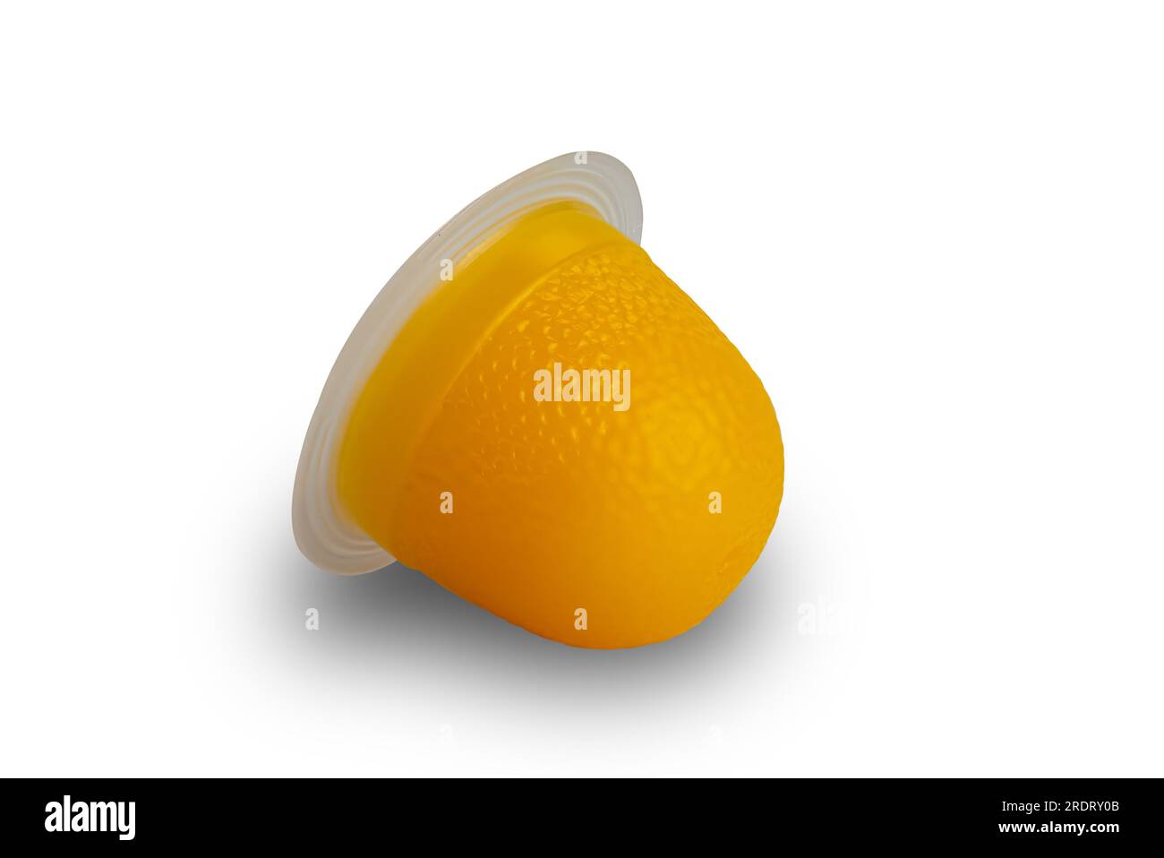 Side view of single sweet orange fruity jelly in plastic cup isolated ...