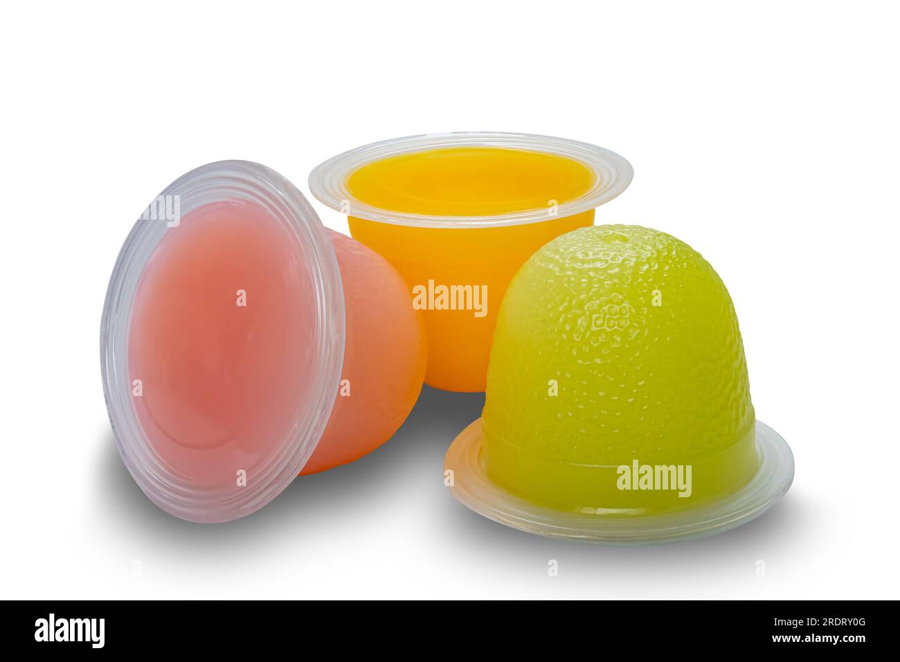 Group of colorful sweet fruity jelly in plastic cup isolated on white ...