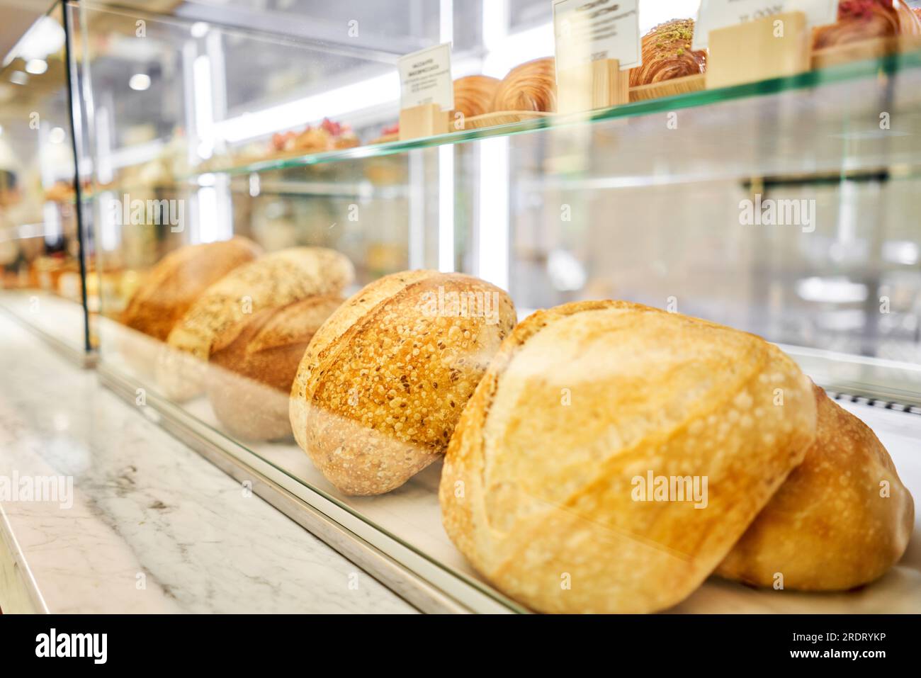 Different kinds of bread on the counter in the bakery shop. Fresh bread ...