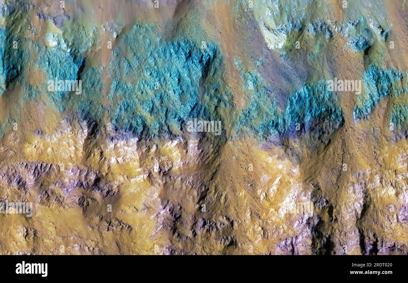 Planet Mars Exploration.Varied types of rock in a crater in Eos Chasma ...