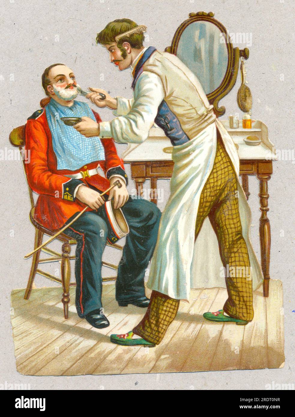 Chromolithographed die cut scrap of soldier being shaved circa 1895 ...