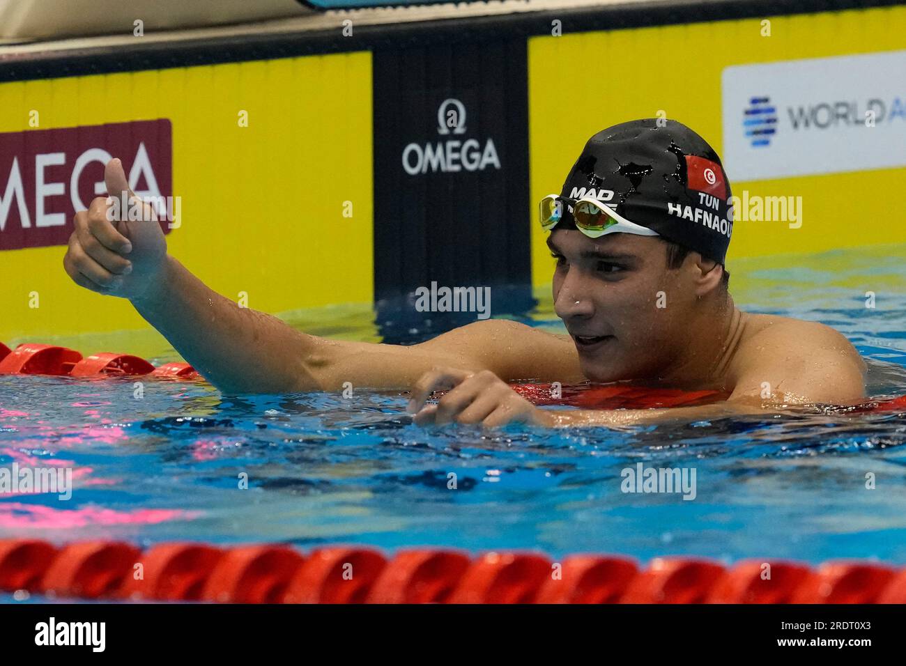 Ahmed Hafnaoui of Tunisia reacts after competing in the men's 400m ...