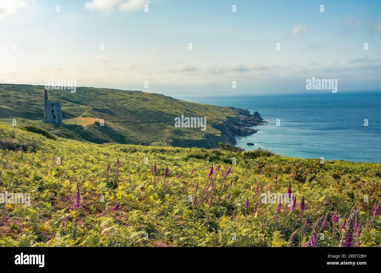 Southwest coast path Helston Rinsey cove with characteristic tin mine ...