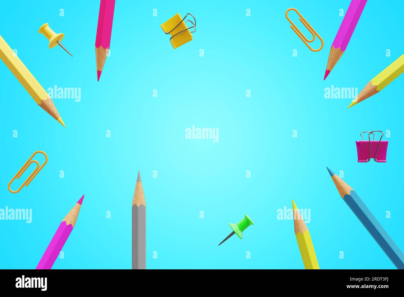 Back to school. Multi-colored pencils and paper clips. 3d rendering ...