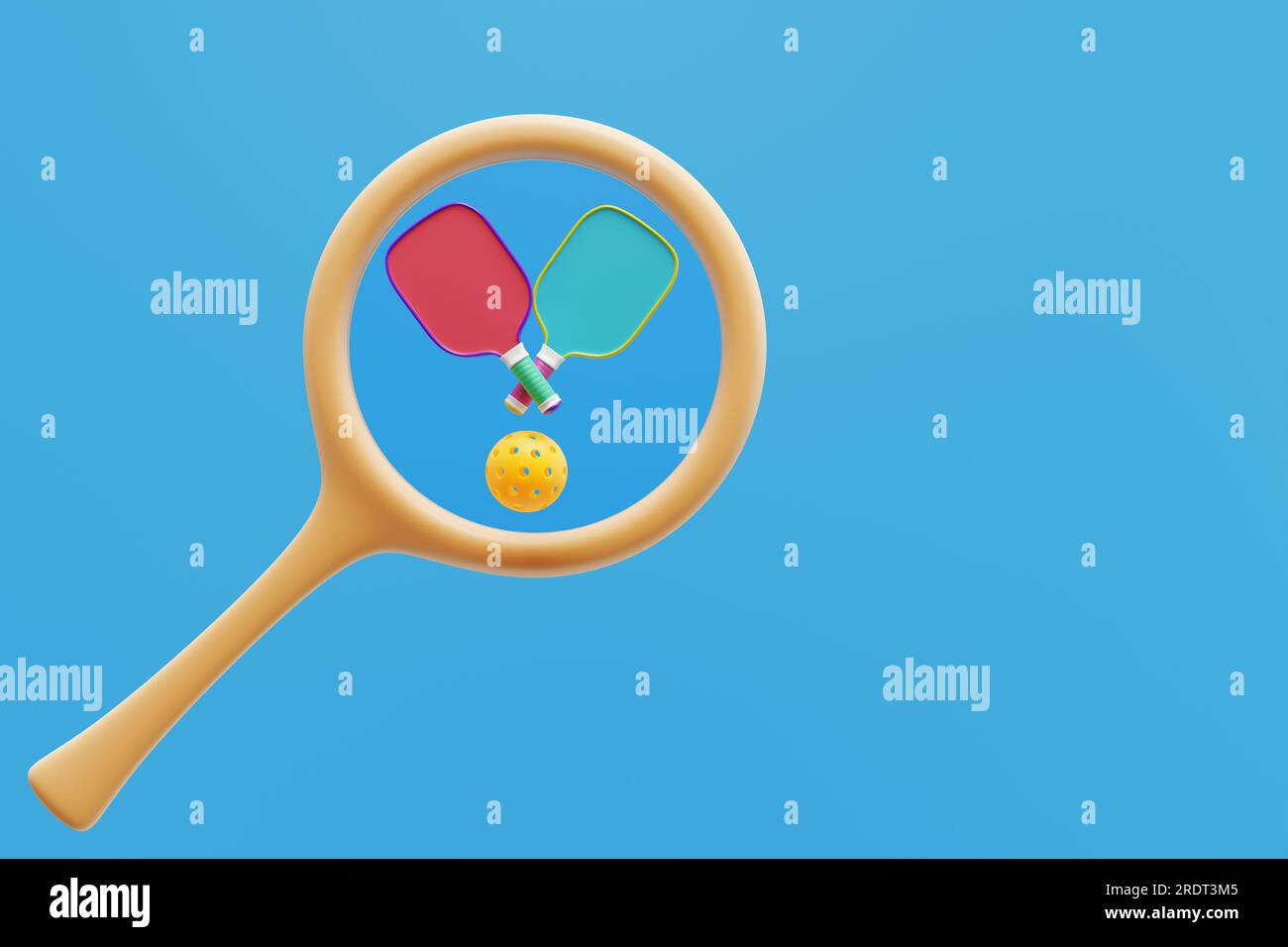 Pickleball racket and ball in a magnifying glass. 3d rendering Stock ...