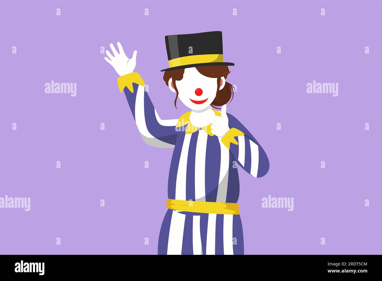Cartoon flat style drawing female clown hand say hi and the other hand ...