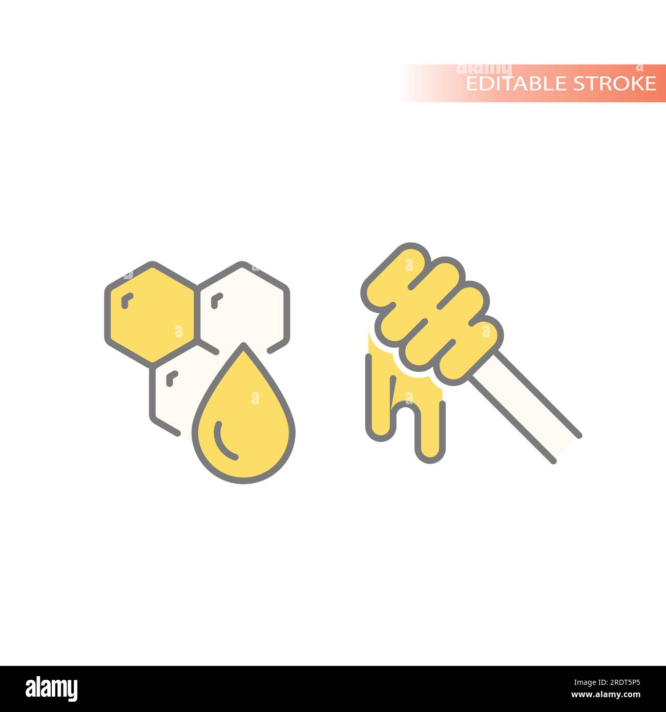 Honeycomb, honey dipper line vector icons. Wooden honey spoon and drops ...