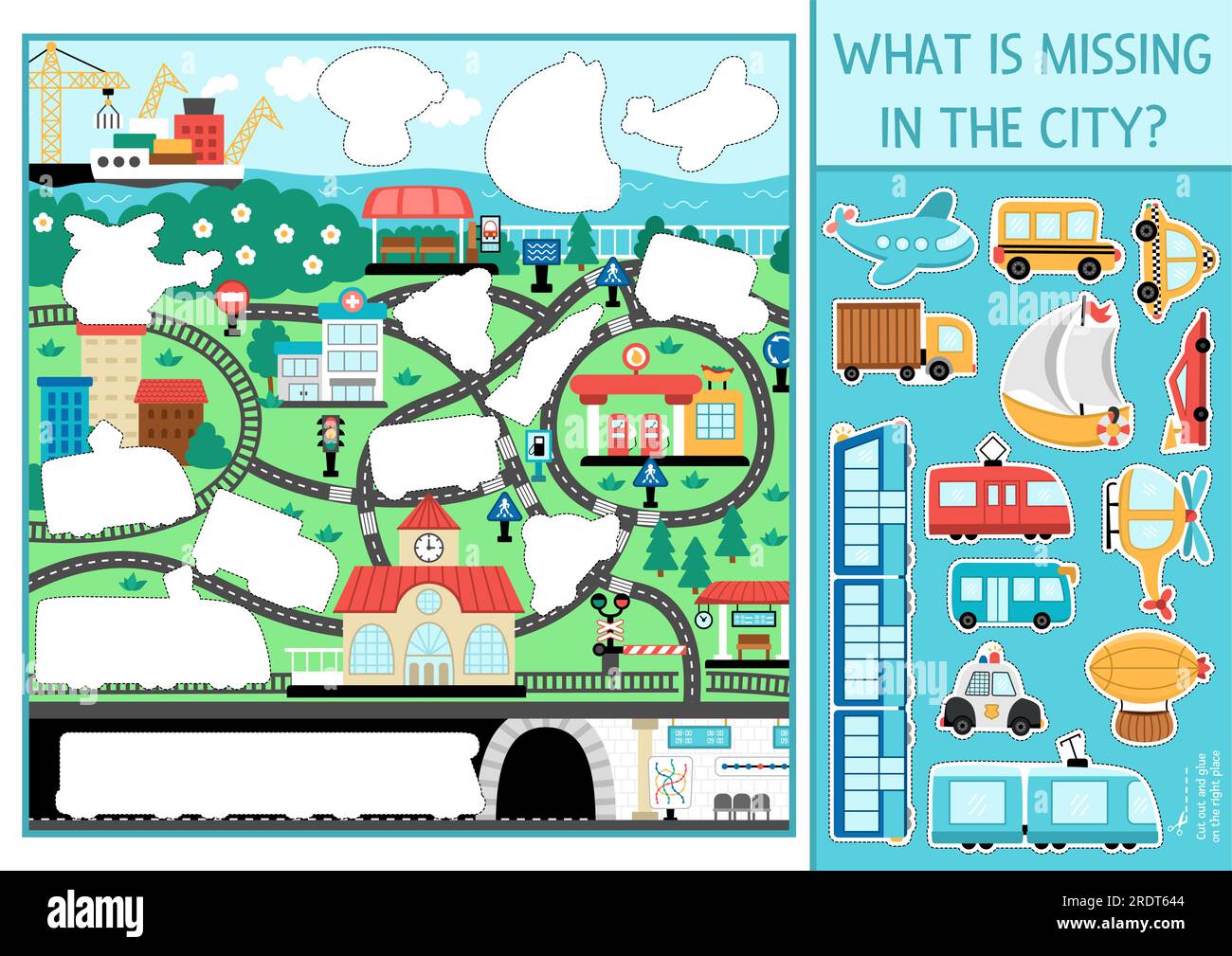 Vector transportation cut and glue activity. Crafting game with cute ...