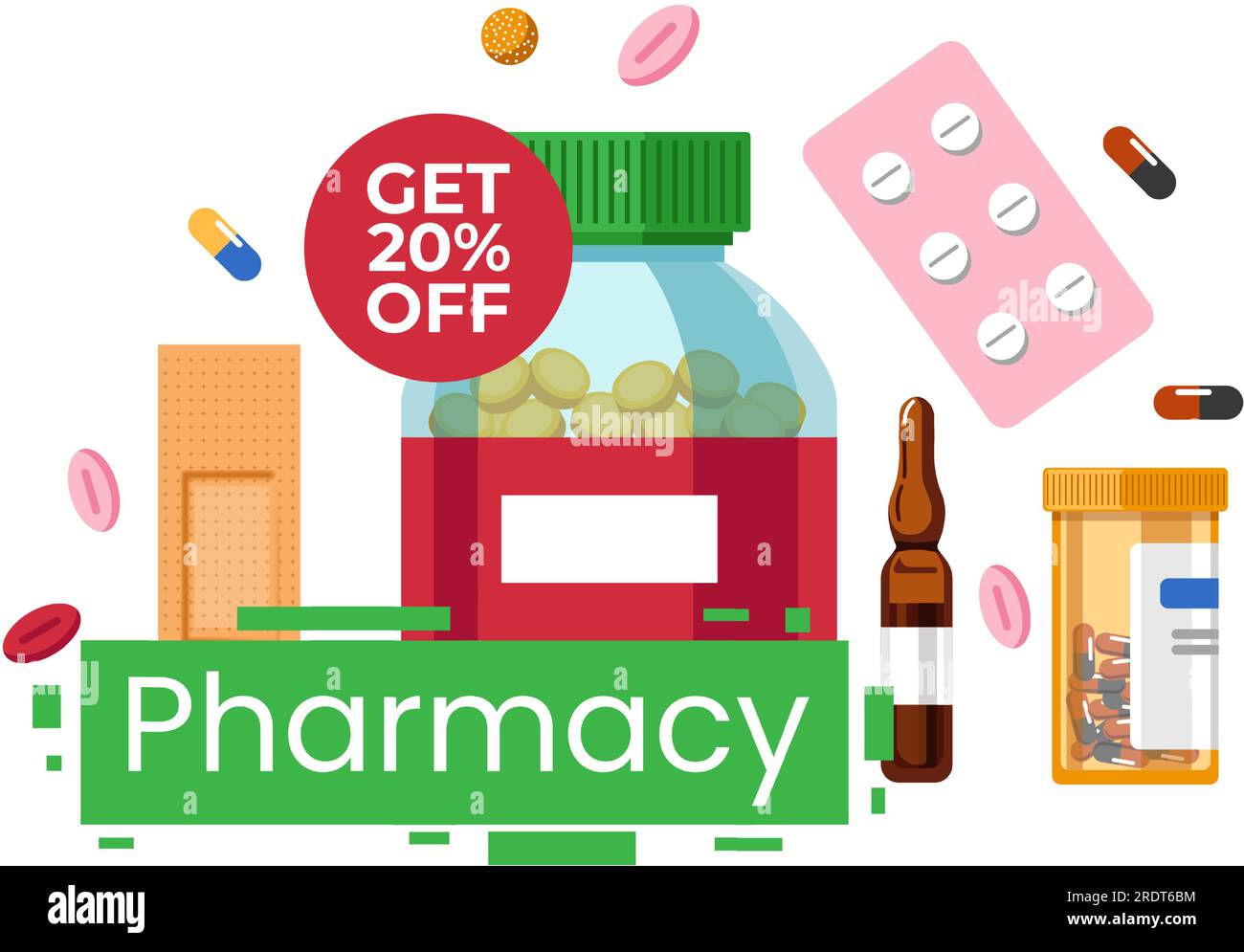 Drugstore with eye drops, capsule and bills in blister, plaster and ...