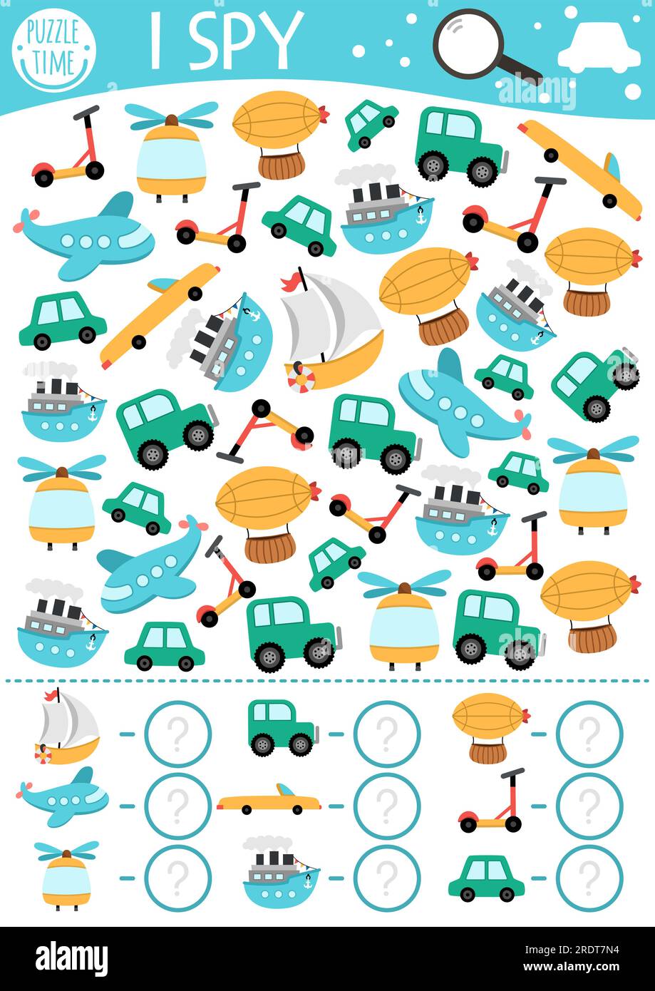 Transportation I spy game for kids. Searching and counting activity ...