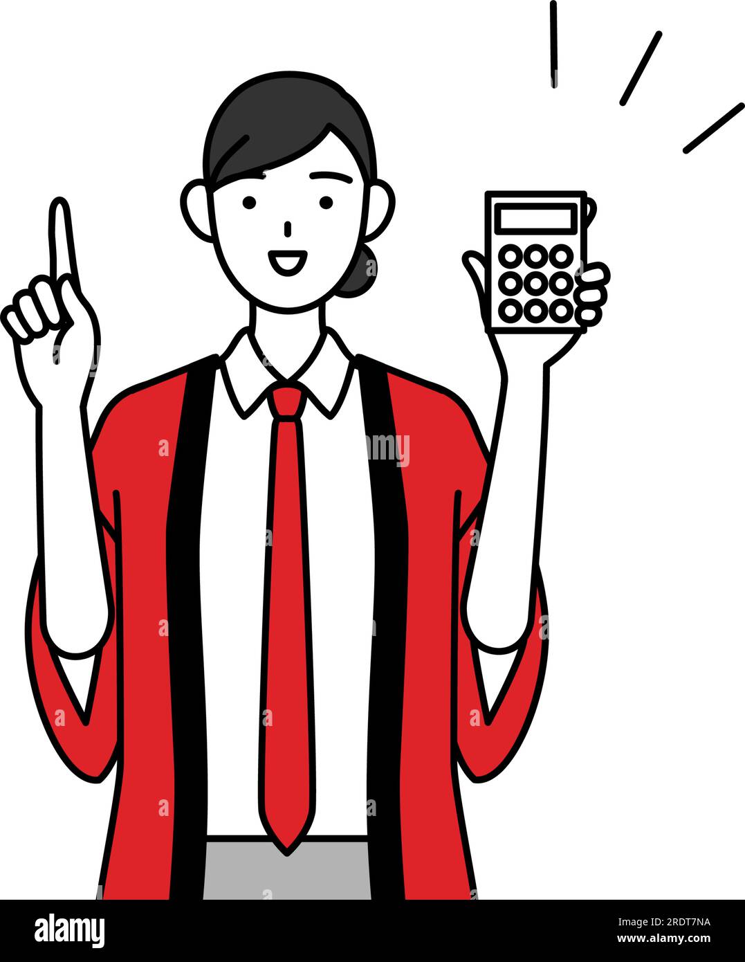 Woman wearing a red happi coat holding a calculator and pointing ...