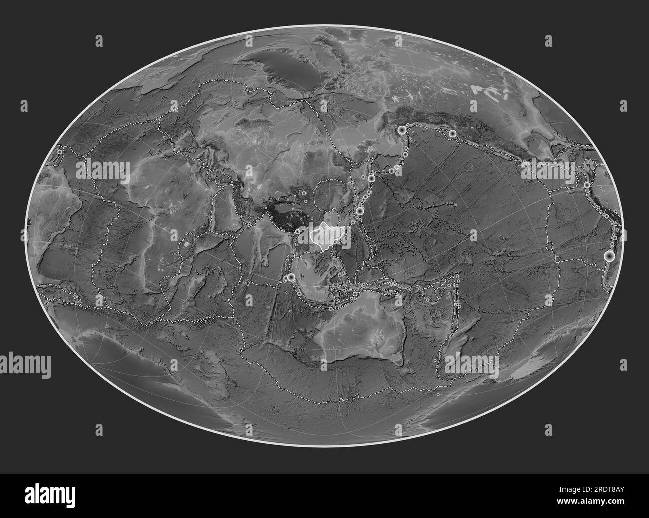 Yangtze tectonic plate on the grayscale elevation map in the Fahey ...