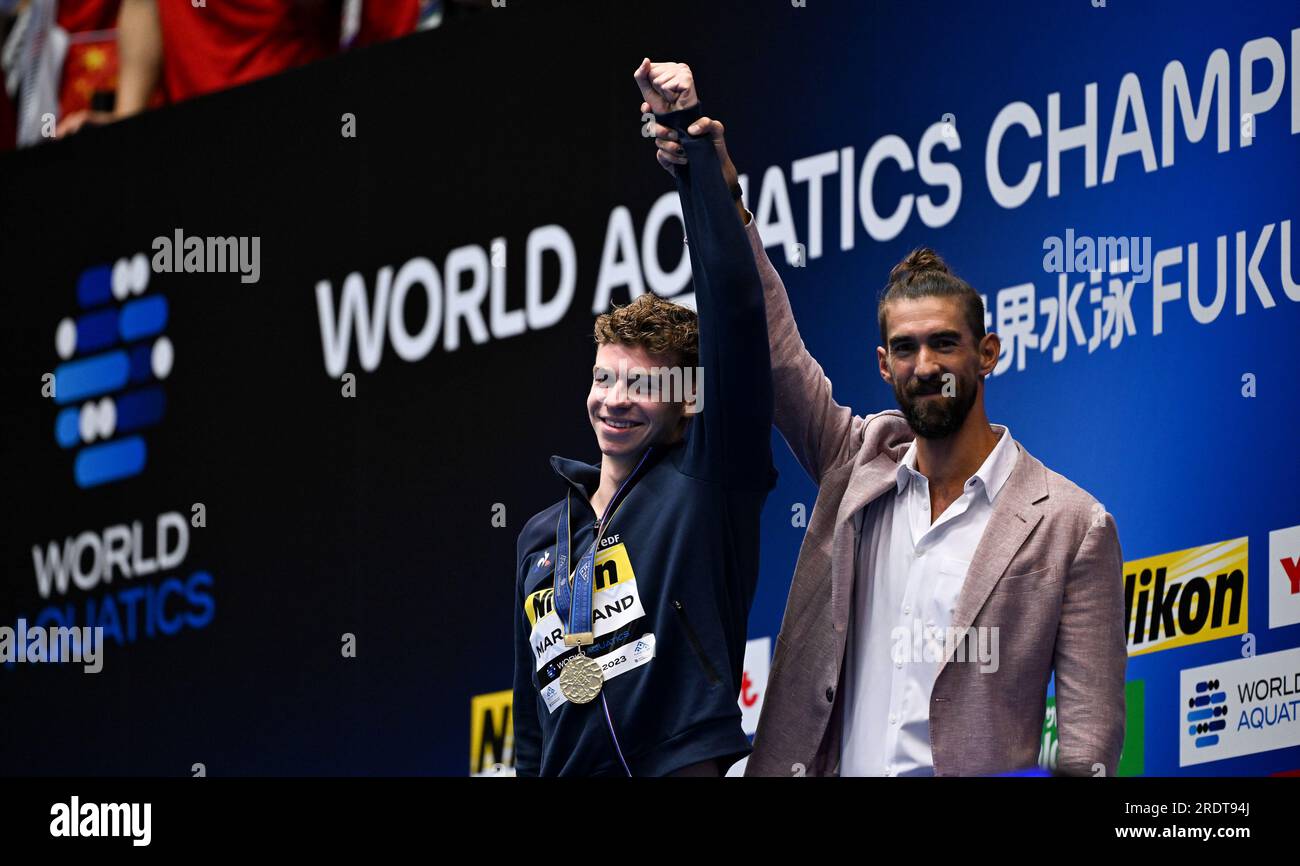 Fukuoka, Japan. 23rd July, 2023. Gold medalist Leon Marchand (L) of ...