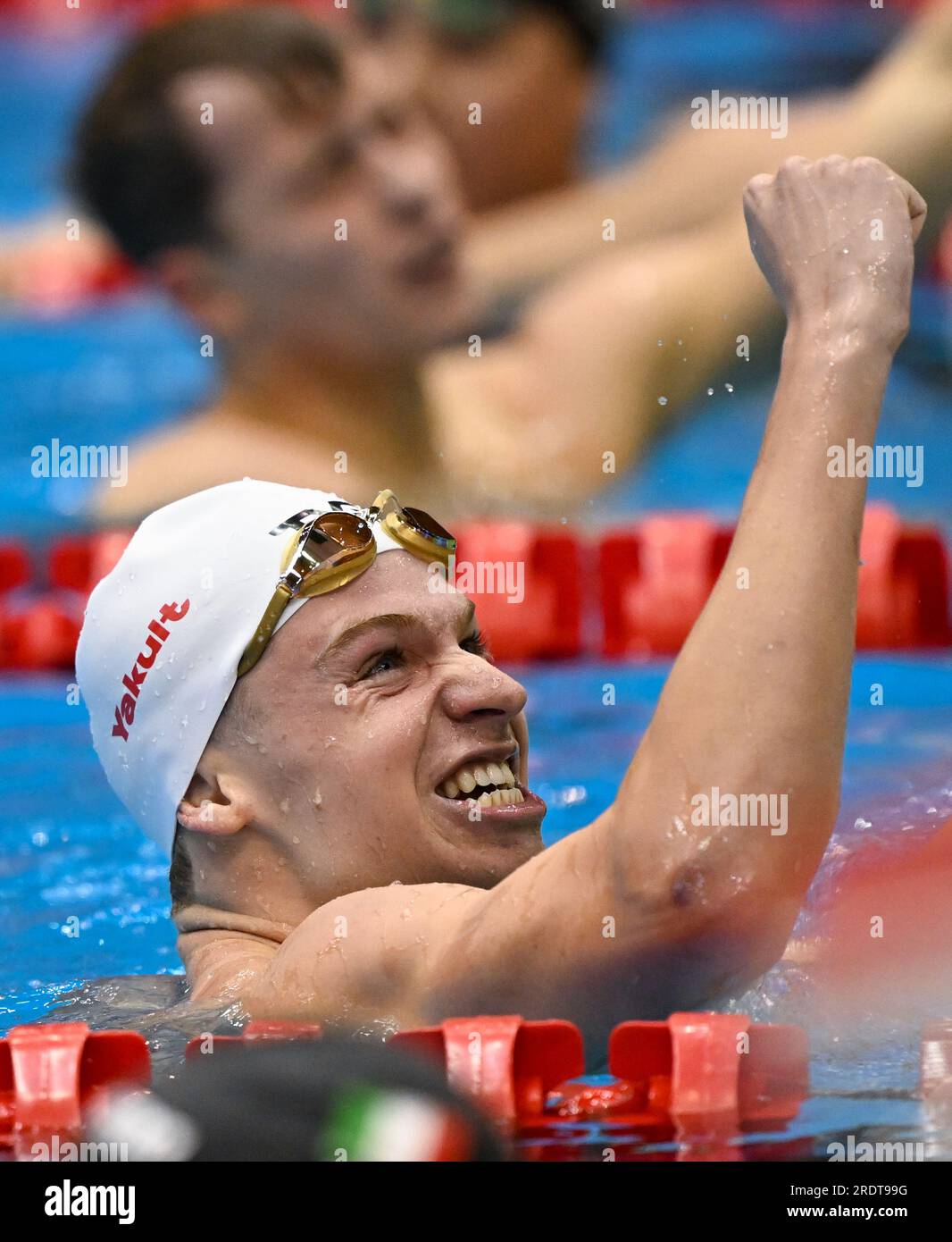 Fukuoka, Japan. 23rd July, 2023. Leon Marchand of France celebrates ...