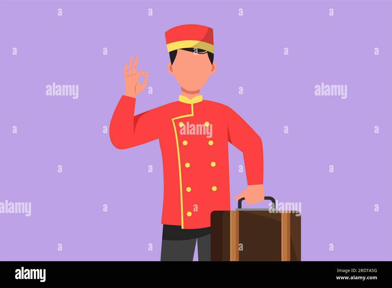 Cartoon flat style drawing hotel doorman in uniform held suitcase with ...