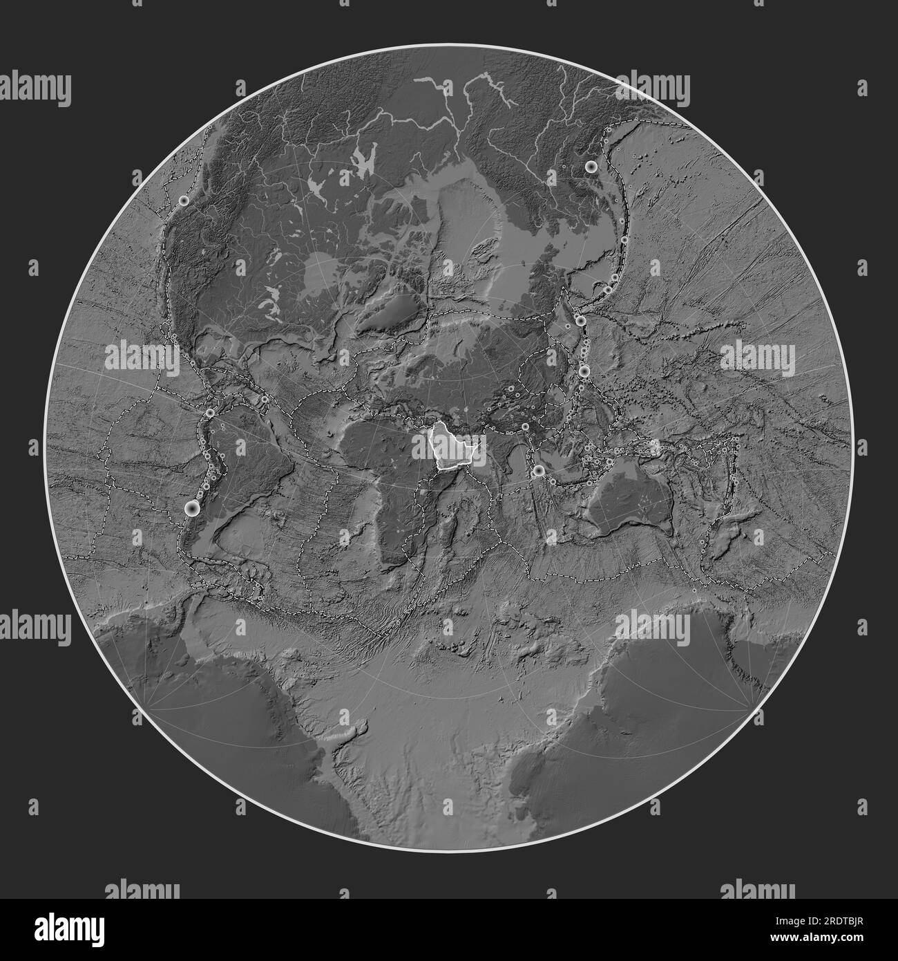 Arabian Tectonic Plate On The Bilevel Elevation Map In The Lagrange Oblique Projection Centered