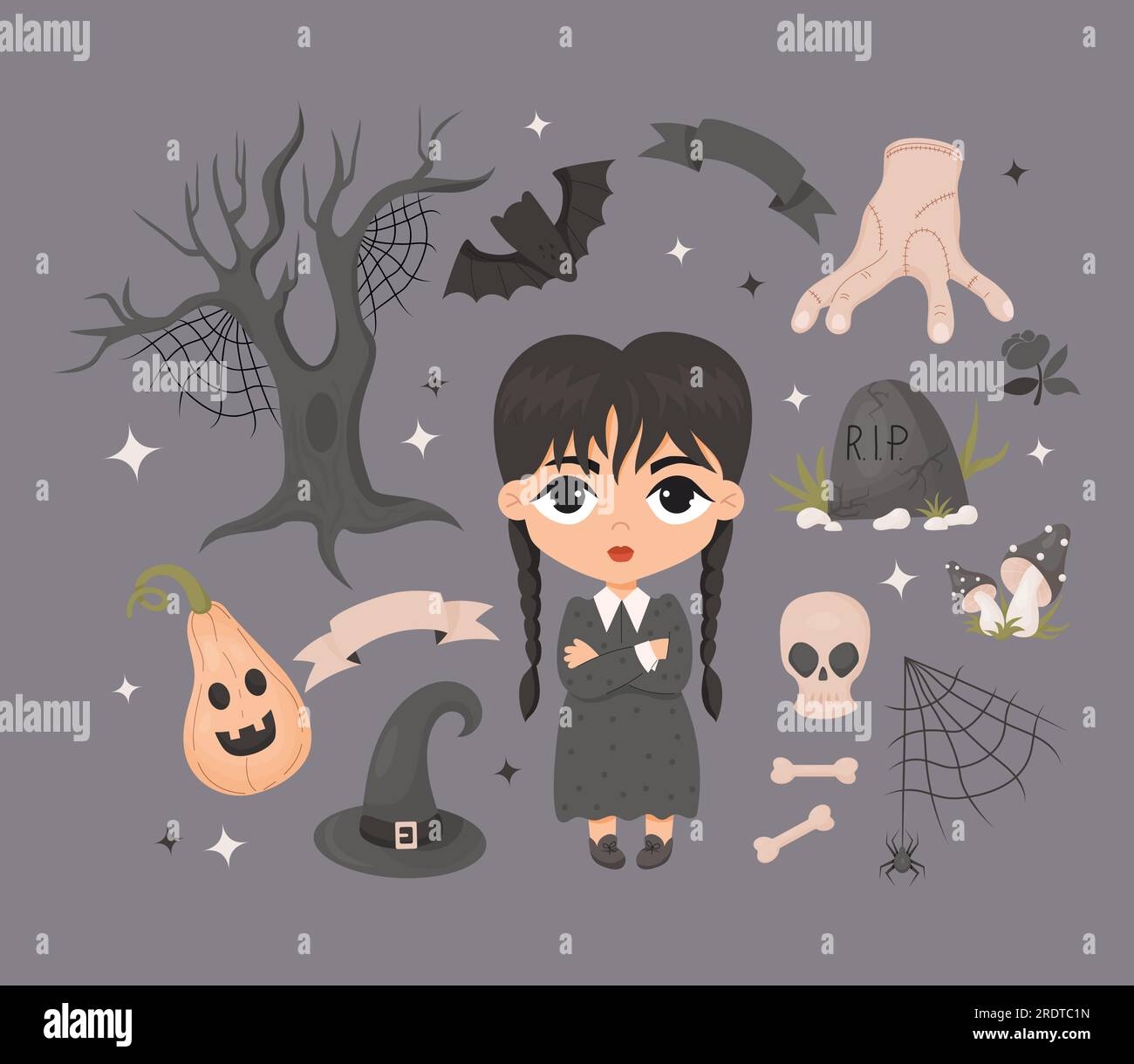 Spooky collection Halloween. Gothic witch girl with braids, pumpkin ...