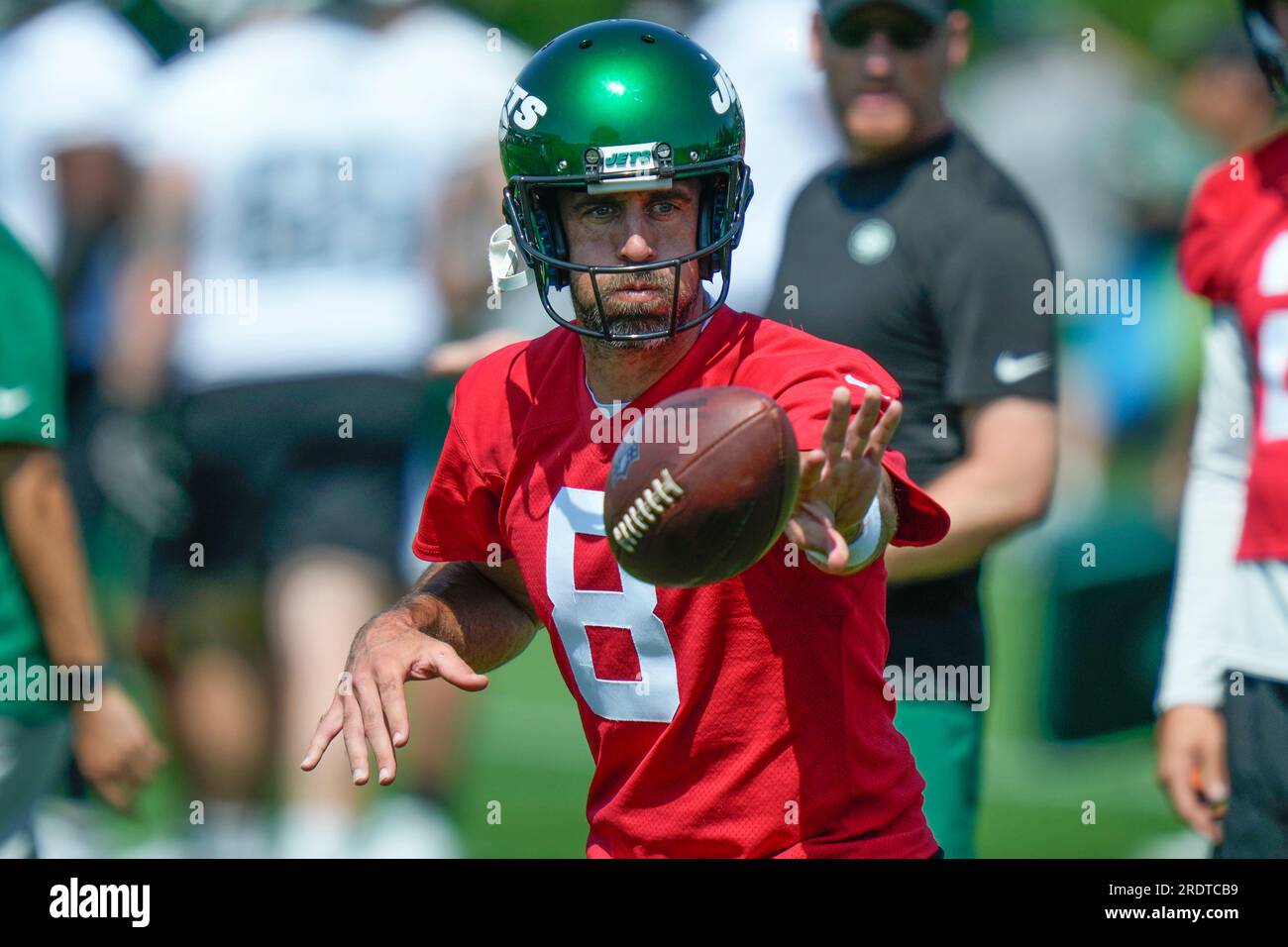 New York Jets quarterback Aaron Rodgers participates in a drill at the ...