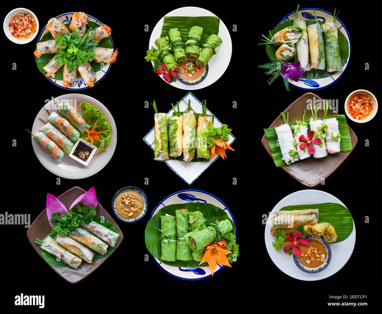 Set or collage of different types of vietnamese spring rolls on a black ...