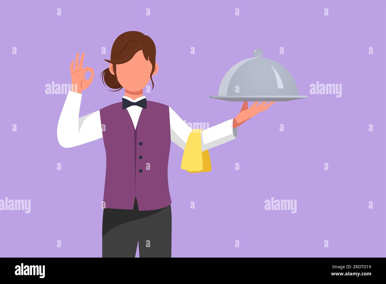 Cartoon flat style drawing female waitress holding tray of delicious ...