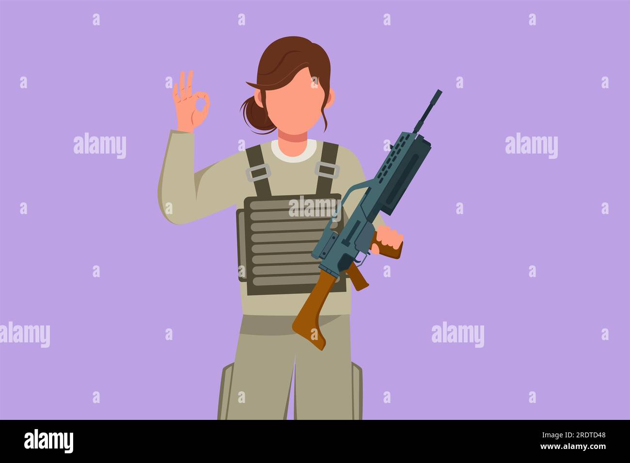 Cartoon flat style drawing female soldier in full uniform, holding ...