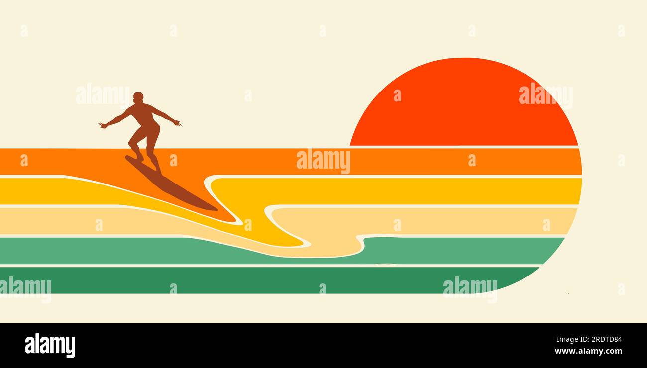 A male surfer is seen on his surf board on a graphic colorful design of ...
