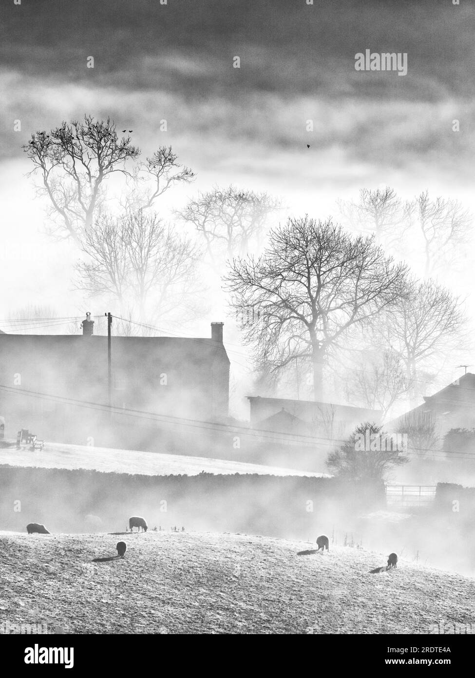 Monochrome image of Buckden village rooftops in Wharfedale, North ...