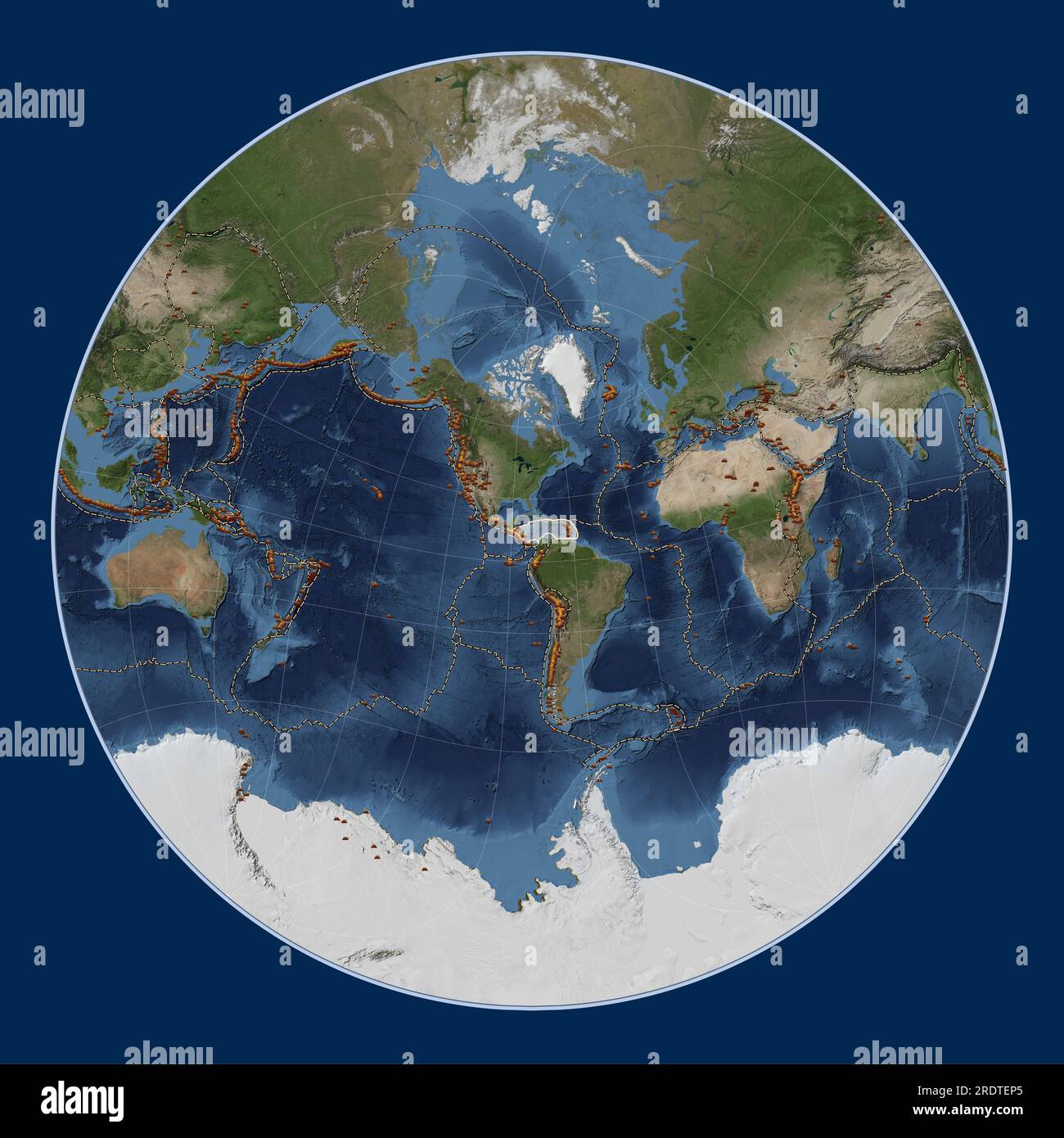 Caribbean Tectonic Plate On The Blue Marble Satellite Map In The Lagrange Oblique Projection