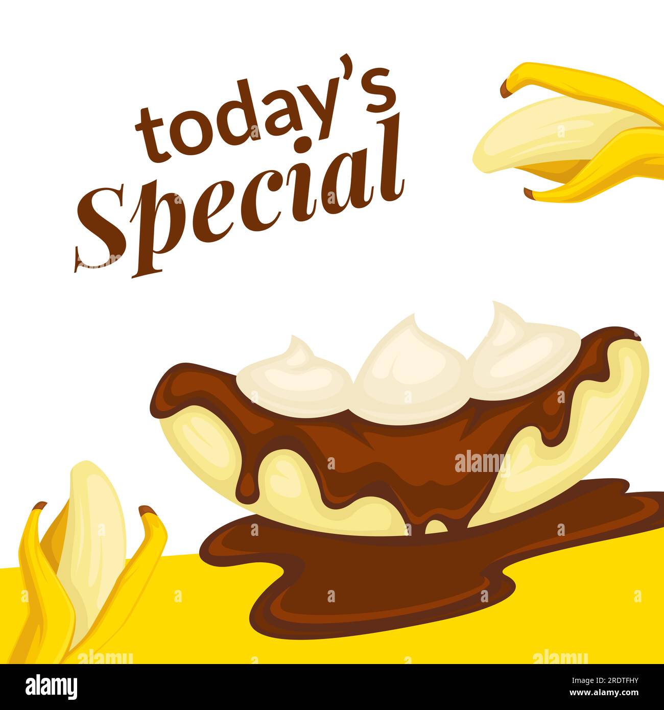 Dessert with chocolate topping, mousse or cream and banana. Sweet food ...