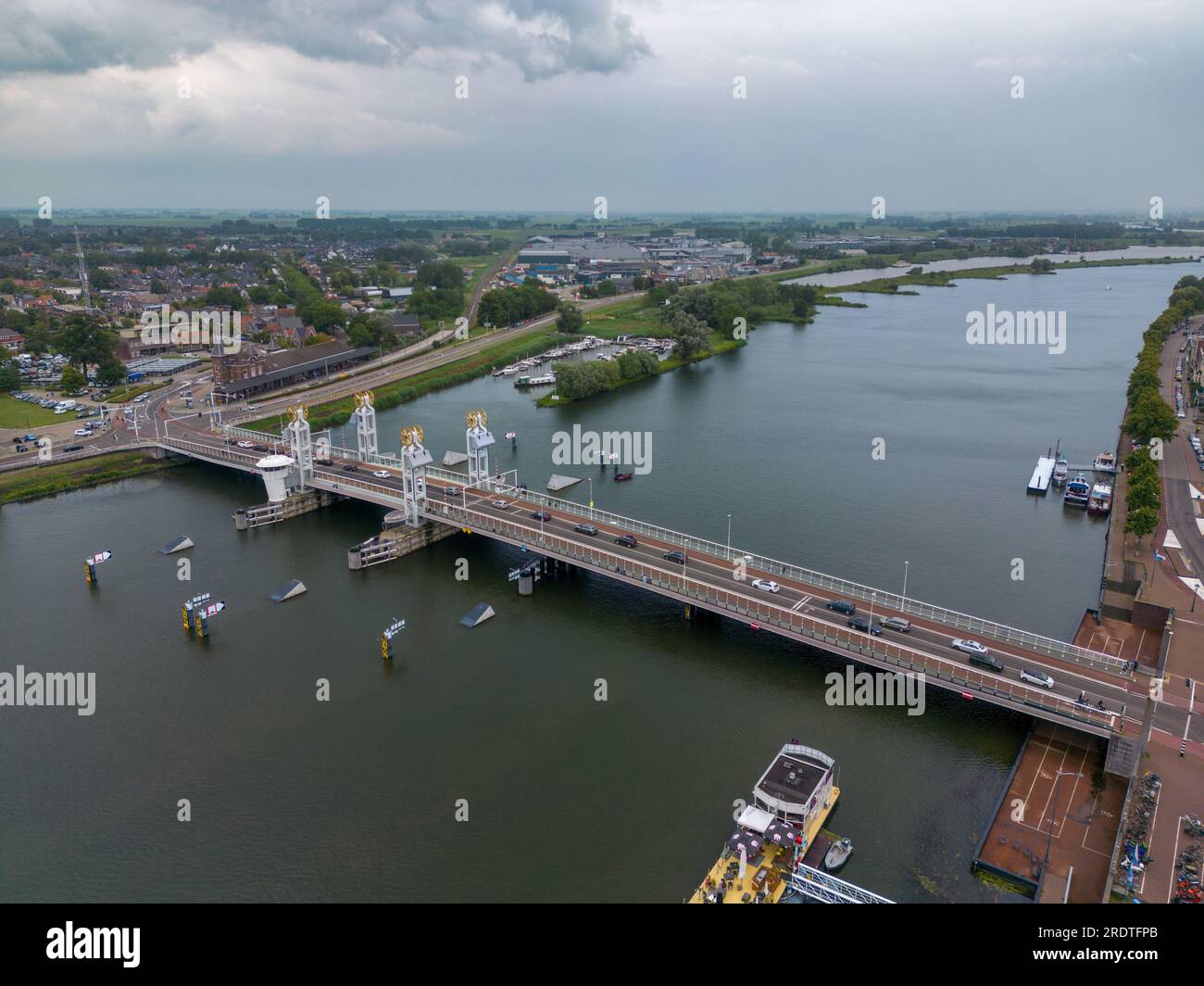 Aerial drone video of the bridge over the river Ijssel in Kampen ...