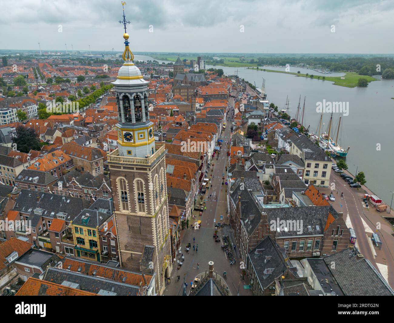 Aerial drone photo of the 'Nieuwe Toren', which is a large clock tower ...