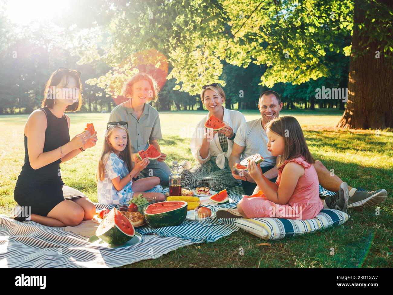 Big family sitting on the picnic blanket in city park during weekend ...