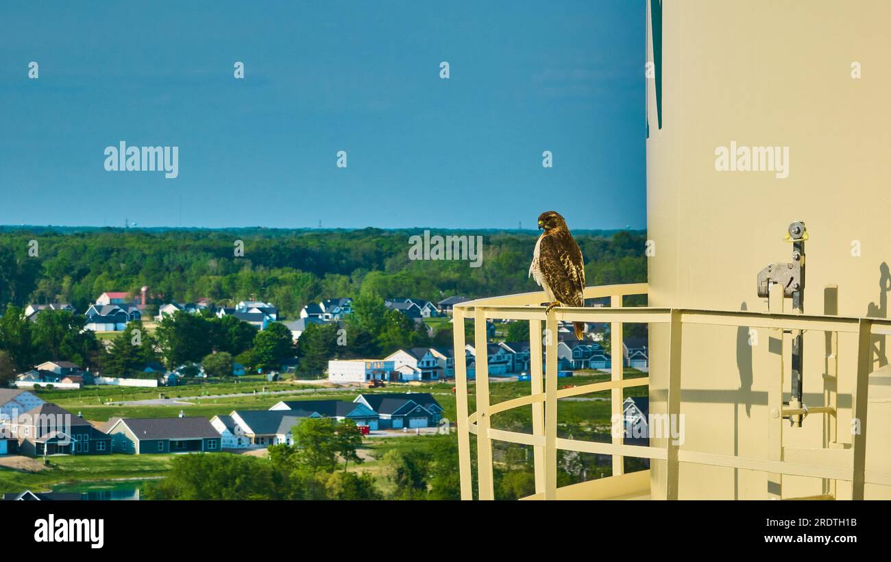 Young red tailed hawk perched on railing of water tower aerial with ...