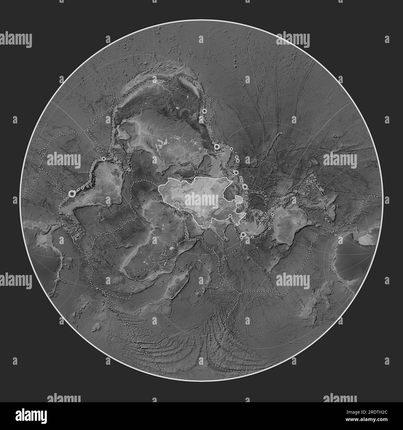 Eurasian Tectonic Plate On The Grayscale Elevation Map In The Lagrange Oblique Projection