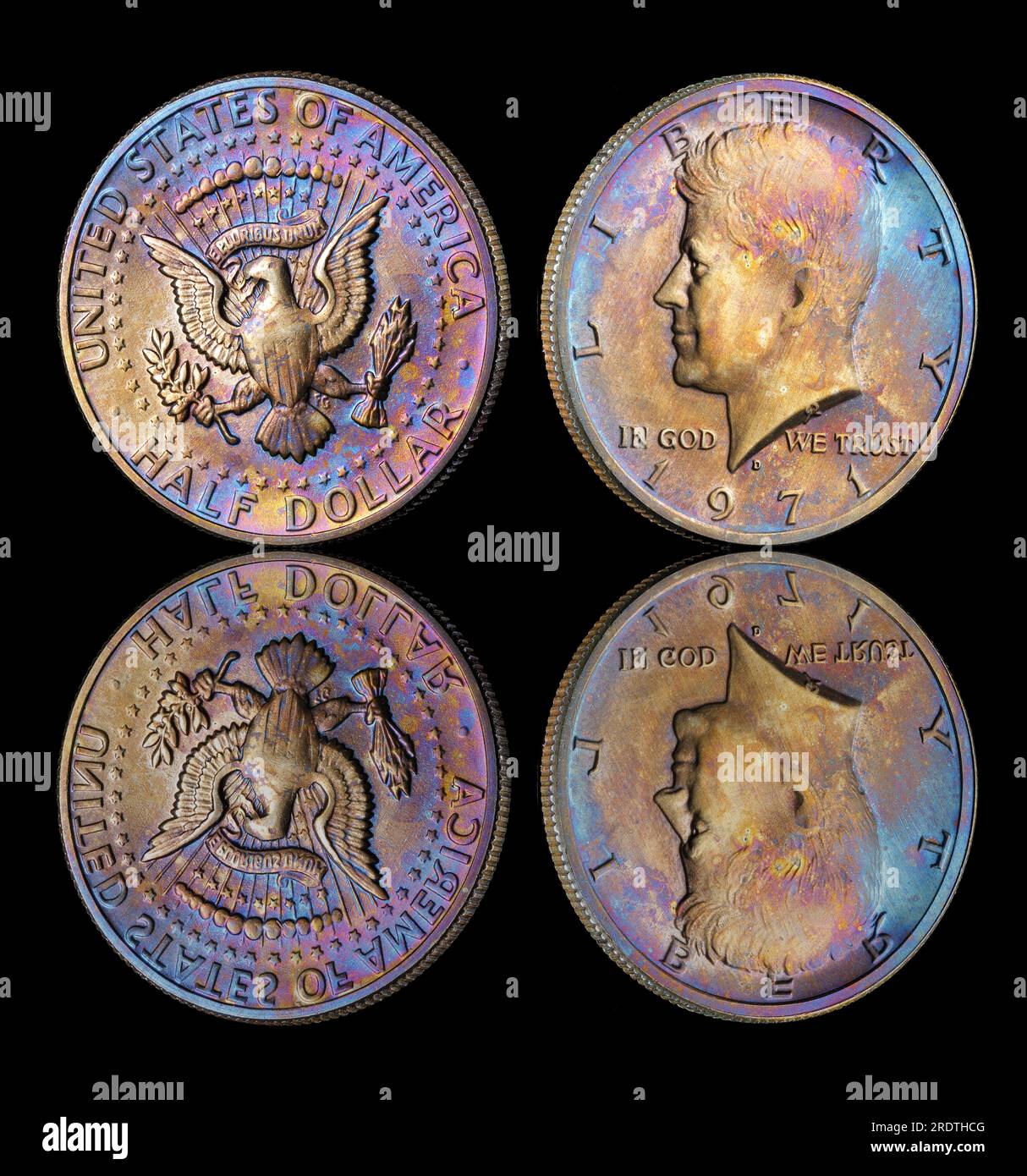 1971 US Half Dollar with rainbow toning. The obverse features a ...