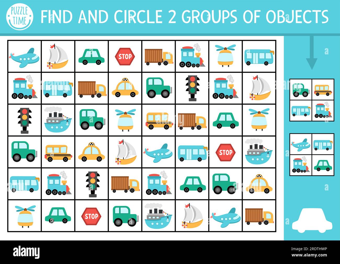 Transportation seek and find game with traditional symbols. Attention ...